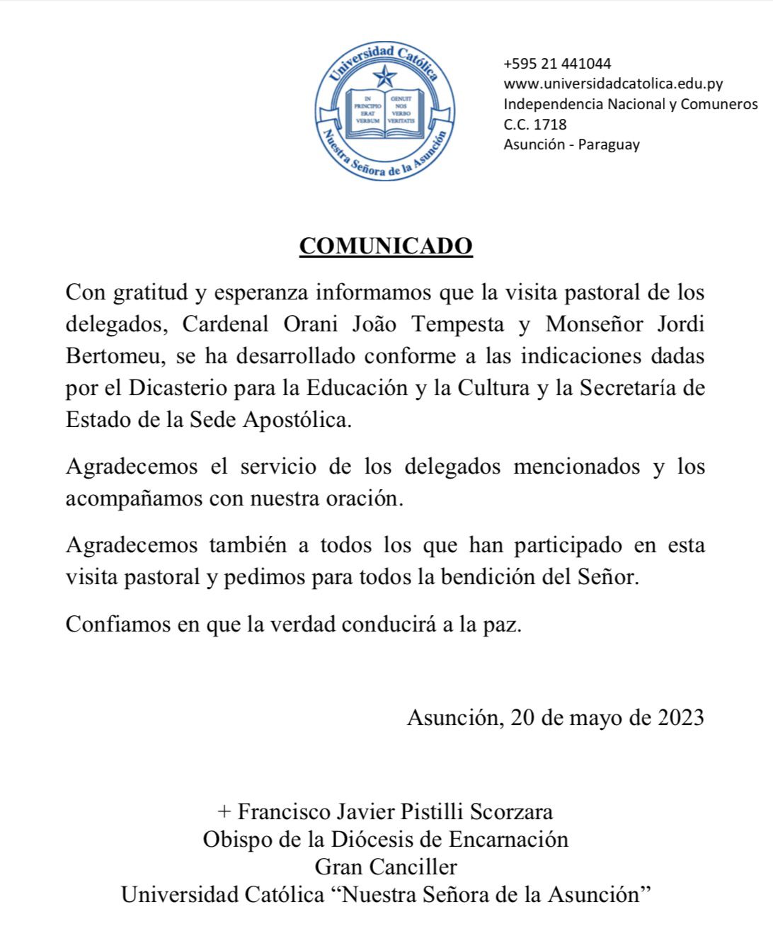 Comunicado de la Universidad Católica - UC